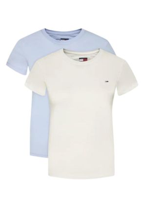 Tommy Jeans Damen 2er Pack T-Shirts Kurzarm mit Rundhalsausschnitt, Mehrfarbig (Ecru/Sweet Blue), XXS