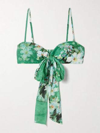 Zimmermann Everley Verk&uuml;rztes Oberteil Aus Ramie Mit Blumenprint, Falten Und Schleife - Gr&uuml;n