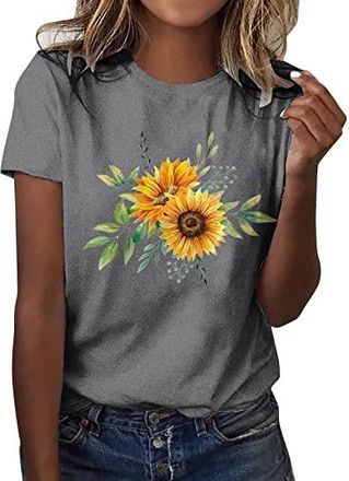 Generic T-shirt imprim&eacute; ample &agrave; manches courtes et col rond pour femme, gris, XXL
