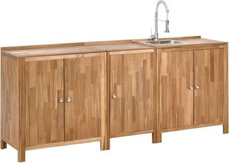 Beliani Outdoor-K&uuml;che 3er Set mit Sp&uuml;le VENOSA Akazienholz Braun / Silber
