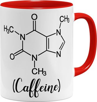 OM3 Caffeine Molecule Statement Tasse f&uuml;r Kaffeetrinker - Keramik Becher - 11oz 325ml - Beidseitig Bedruckt - Rot