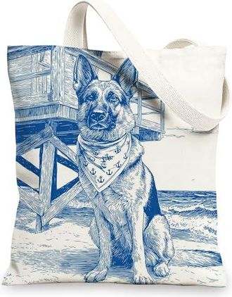 Generic Sacs fourre-tout en toile avec imprimé chien, élégant motif animal, sacs de courses légers et réutilisables pour lextérieur, les voyages, la plage, bl