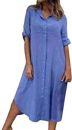 Generic Robe Chemise en Coton et Lin de Grande Taille de Couleur Unie Robe Portefeuille Maxi Grande Taille (Blue, M)