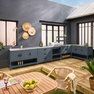 Sweeek Cuisine ext&eacute;rieure Naxos 5 modules avec barbecue au charbon acier inoxydable bleu gris