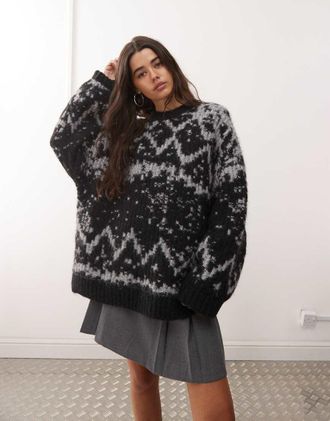 Weekday Premium - Oversize-Norwegerpullover aus Wollmix in grau meliert und Schwarz
