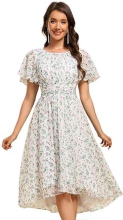 Ever-pretty Robe dInvité de Mariage Femme Longueur Manches Volantées Plissé Mousseline Au Genou Col Rond Robe de Soirée Élégante White Green 44