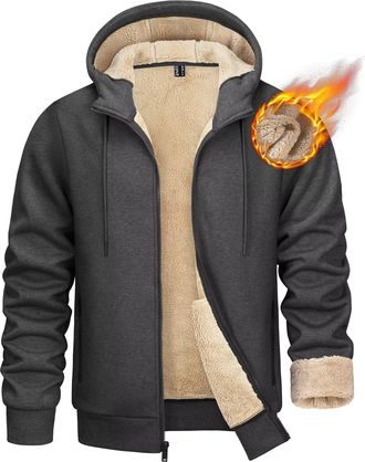 KEFITEVD Sweatjacke Herren Warm Gef&uuml;ttert Winterjacke mit Kapuze Winter Dick Kapuzenjacke mit Rei&szlig;verschluss Fleece Innenfutter Freizeitjacke Meliert Dunkelgra