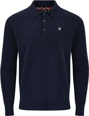 Merc Spey Long Sleeve Merino Wool Mens Fine Knitted Polo in Navy, Large