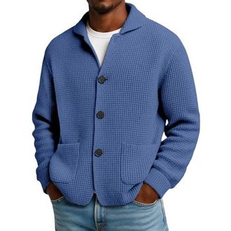 Generic Cardigan en tricot &eacute;pais pour homme avec col en V boutonn&eacute; et col ch&acirc;le gaufr&eacute; en coton tricot&eacute; &agrave; revers &eacute;pais - Pull &agrave; manches longues de couleur uni