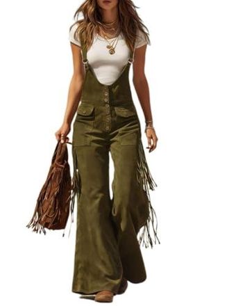 Generic Combinaison en daim synth&eacute;tique pour femme - Avec franges - Jambes larges - Poches boutonn&eacute;es - Pour concert campagnard - Streetwear, Vert, M