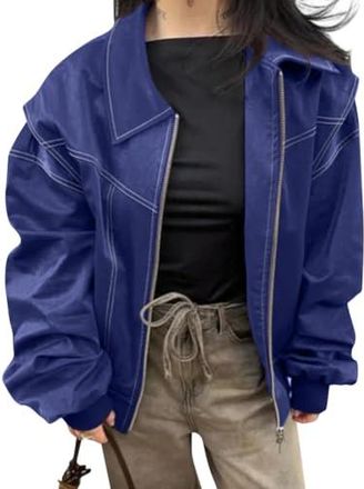 ORANDESIGNE Veste de Motard Surdimensionn&eacute;e en Similicuir pour Femme Leather Blazer Manteau Fermeture &eacute;clair Oversize Jacket Veste Bomber en Cuir F Bleu XL