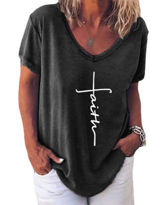 Minetom Damen Sommer T-Shirt V-Ausschnitte Loose Kurzarm Blusen Oversize Shirt Oberteile F Schwarz 50