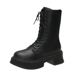 Generic Bottes de motard élégantes à talon épais pour femme - Couleur unie - Classique - Antidérapantes - Confortables - À lacets - Bottes mi-mollet - Pour le