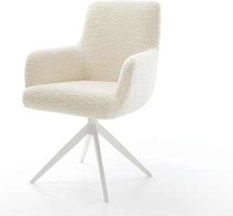 DELIFE Drehstuhl Heira-Flex mit Armlehnen Teddystoff Beige Kreuzgestell breit Weiß 360° drehbar Wippfunktion Taschenfederkern, Esszimmerstühle