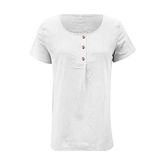Generic Chemise en lin &agrave; manches courtes pour femme - Chemisier blanc en coton boutonn&eacute; l&eacute;ger col rond grande taille pull chemisier &eacute;paules droites coupe clas