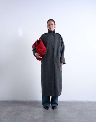 Topshop Manteau habillé long à col cheminée - Gris