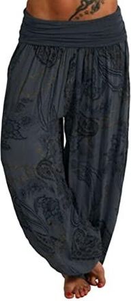 Minetom Femme Harem Pantalon Yoga Sarouel Legers Hippie Baggy Léger Ethnique Calqué Smockée Taille Haute avec Poches Été Plage Pantalon Aladin Jogging B Noir 