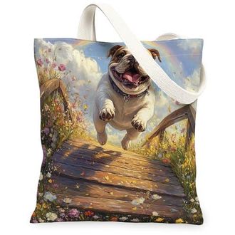 Generic Sac fourre-tout en toile pour le shopping, motif bouledogue printanier, 33 x 38,1 cm, sac d&eacute;picerie r&eacute;utilisable pour femme, motif floral amusant pour