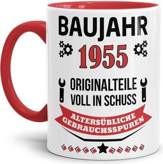 Tassendruck Geburtstags-Tasse Baujahr 1955 Innen & Henkel Rot/Kaffee-Tasse/Mug/Cup/Becher/Lustig/Witzig/Fun/Geschenk-Idee/Geburts-Jahr/Scherz-Artikel/Geburtstags-