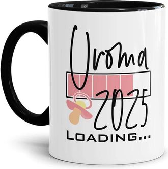 Tassendruck Tasse - Loading Du wirst Uroma 2025 - Geschenk/Endlich Schwanger/Schwangerschaft/Babynews - Schwarz