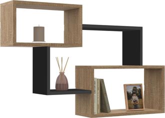 IDMarket Wandregal mit Zwei Positionen LOUANE Holz in Buchenholzoptik und Schwarz