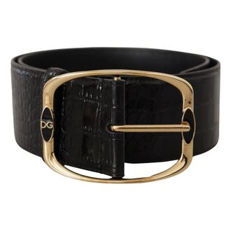 Dolce & Gabbana Femme, Accessoires, Noir, Taille: 75 CM Ceinture Noire en Cuir de Crocodile avec Boucle en Métal Doré et Logo DG