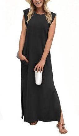 Generic Robe longue d&eacute;t&eacute; d&eacute;contract&eacute;e sans manches pour femme 2026 - Coupe ample et tendance - Pour les vacances et la plage, Noir, XXL