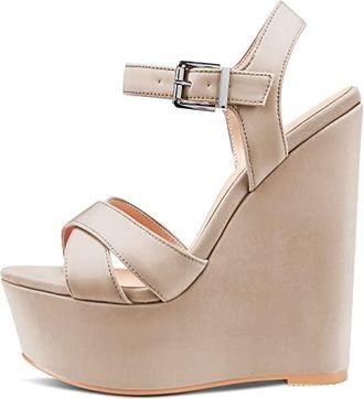 Castamere Femmes Haut High Compensé Plate-forme Talon Heel 15 CM Heels Ouvert Bout Sandales Lanières Cheville Boucle Sexy Dress Mariage Beige Satin 35 EU