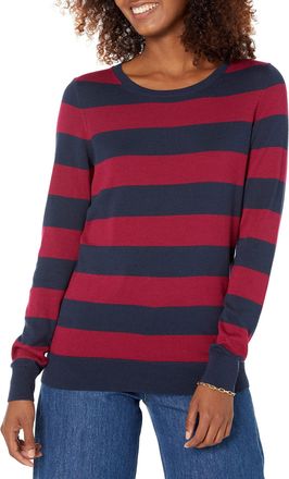 Amazon Essentials Damen Leichter, Langärmeliger Pullover Mit Rundhalsausschnitt (Erhältlich in Übergröße), Burgunderrot Marineblau Rugby-Streifen, XXL