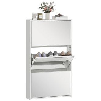 HOMCOM Schuhregal 3 T&uuml;ren mit Spiegel, Schuhregal Eingangsbereich, f&uuml;r 9 Paar Schuhe, f&uuml;r Flur, kleine R&auml;ume, 65x17x114,5 cm, Wei&szlig;