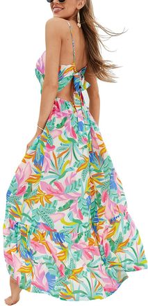 Cupshe Damen Maxikleid, Blumendruck, Twisted V-Ausschnitt, ärmelloses langes Kleid, Sommer, Casual-Kleid, pink tropical, XX-Large