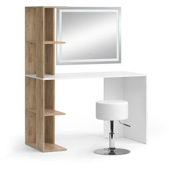 Vicco Coiffeuse Tower, Blanc/Sonoma, 122.2 cm avec miroir led et tabouret