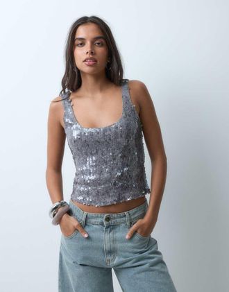 Motel qian Top mit Pailletten in Silber