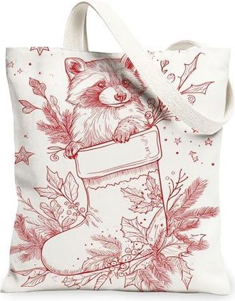 Generic Sacs fourre-tout en toile de raton laveur de No&euml;l, sacs d&eacute;picerie r&eacute;utilisables, vintage, l&eacute;gers et lavables avec bandouli&egrave;re, blanc, 13x15 Inch