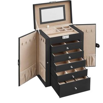 Songmics Bo&icirc;te &agrave; Bijoux 6 Niveaux, &Eacute;crin &agrave; Accessoires, Coffre, 5 Tiroirs, Miroir, Serrure, Rangement Bijoux, Surface Noir dEncre, Doublure Beige Sable