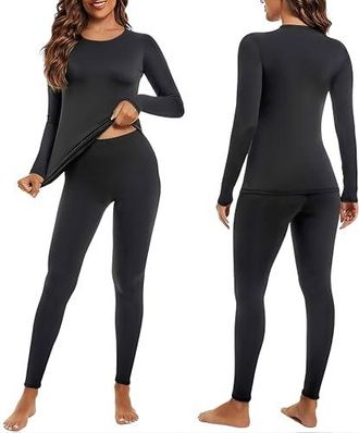 Ekouaer sous Vetement Thermique Femme Haut Manches Longues Pantalon L&eacute;ger Ensemble Ski Hiver, Noir, XL