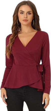 Allegra K Dressy Casual Wrap Peplum Tops pour Femmes &eacute;l&eacute;gant col en V Manches Longues Cravate Taille Chemisier en Tricot Rouge S