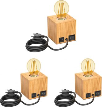 LEDs Com 3 St&uuml;ck Tischlampe HITO, Holz massiv, eckig, USB, inkl. E27 Lampe gold, max. 778lm, 3-Stufen, extra-warmwei&szlig;