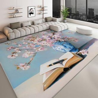 Generic Tapis Bleu Ciel Lavable pour Salon, Tapis &agrave; Poils Courts Antid&eacute;rapant Surr&eacute;aliste Moderne Floral &Eacute;l&eacute;gant pour Enfants Bureau Salle &agrave; Manger Cuisine et
