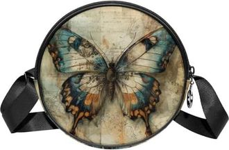 Generic Sac &agrave; bandouli&egrave;re rond pour femme, motif papillon vintage, petit sac &agrave; bandouli&egrave;re avec fermeture &eacute;clair, bretelles r&eacute;glables, sac &agrave; main rond d&eacute;contr