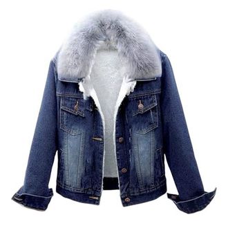 Generic Veste en jean pour femme doubl&eacute;e en fausse polaire, manteau court dhiver, col amovible fausse fourrure, haut chaud, bleu fonc&eacute;, taille 3XL