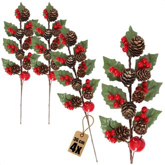Com-Four 4X Mistelzweig mit Apfel - Weihnachtsgesteck zum Schmücken für den Tisch, Adventskränze - Deko für Adventsgesteck 36 x 13 x 8 cm (04 Stück - rot + bra