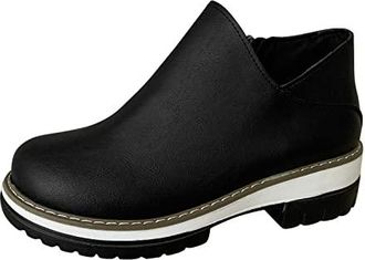 Generic Bottes courtes en cuir de couleur unie avec fermeture &eacute;clair lat&eacute;rale et bout rond et talon &eacute;pais pour femme avec semelle en caoutchouc, Noir, 37.5 EU
