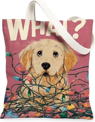 Generic Sac fourre-tout en toile pour chien de vacances, motif chiot mignon, sacs de courses r&eacute;utilisables, festifs, l&eacute;gers et lavables avec bandouli&egrave;re en to