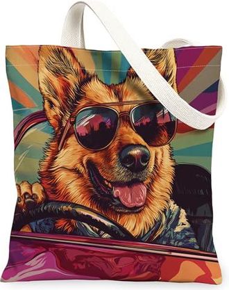 Generic Sac fourre-tout en toile motif chien berger allemand pour faire du shopping, 33 x 38,1 cm, sac d&eacute;picerie r&eacute;utilisable pour femme, animal domestique, p