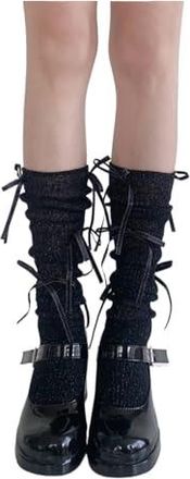 Generic Lot de 2 paires de chaussettes montantes en coton avec noeud papillon pour femme, Noir, Taille Unique