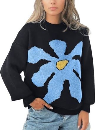 Generic Pull tricoté à col rond pour femme avec joli noeud imprimé pour femme, décontracté, ample, manches longues, vêtements dautomne et dhiver, Z07-noir, M