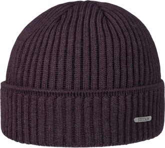 Stetson Parkman Mütze Strickmütze Umschlagmütze Rippmütze Damen Herren Made in EU Herbst Winter 100% Merinowolle lila One Size