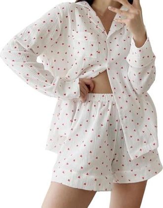 Generic 2026 Cadeau de Saint-Valentin pour femmes, d&eacute;contract&eacute;, tendance, imprim&eacute; coeur, chemise &agrave; manches longues, chemisier, pantalon court, ensemble de cos