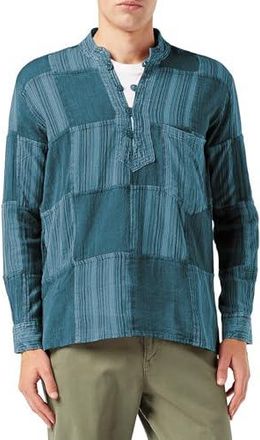 Shopoholic Fashion Chemises Hippies à Rayures Unies Lavées à la Pierre pour Hommes, Chemise Grand-père en Coton à Manches Longues, Turquoise, 4XL